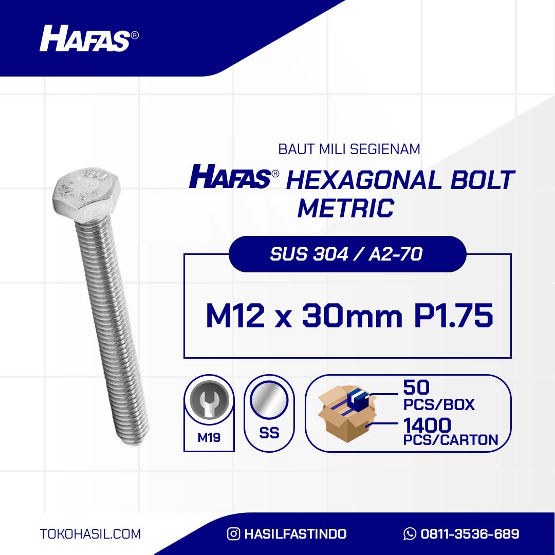 BAUT STAINLESS STEEL MM SUS 304 FULL DRAT DIN 933 M12 X 30MM P1.75 - Hafas