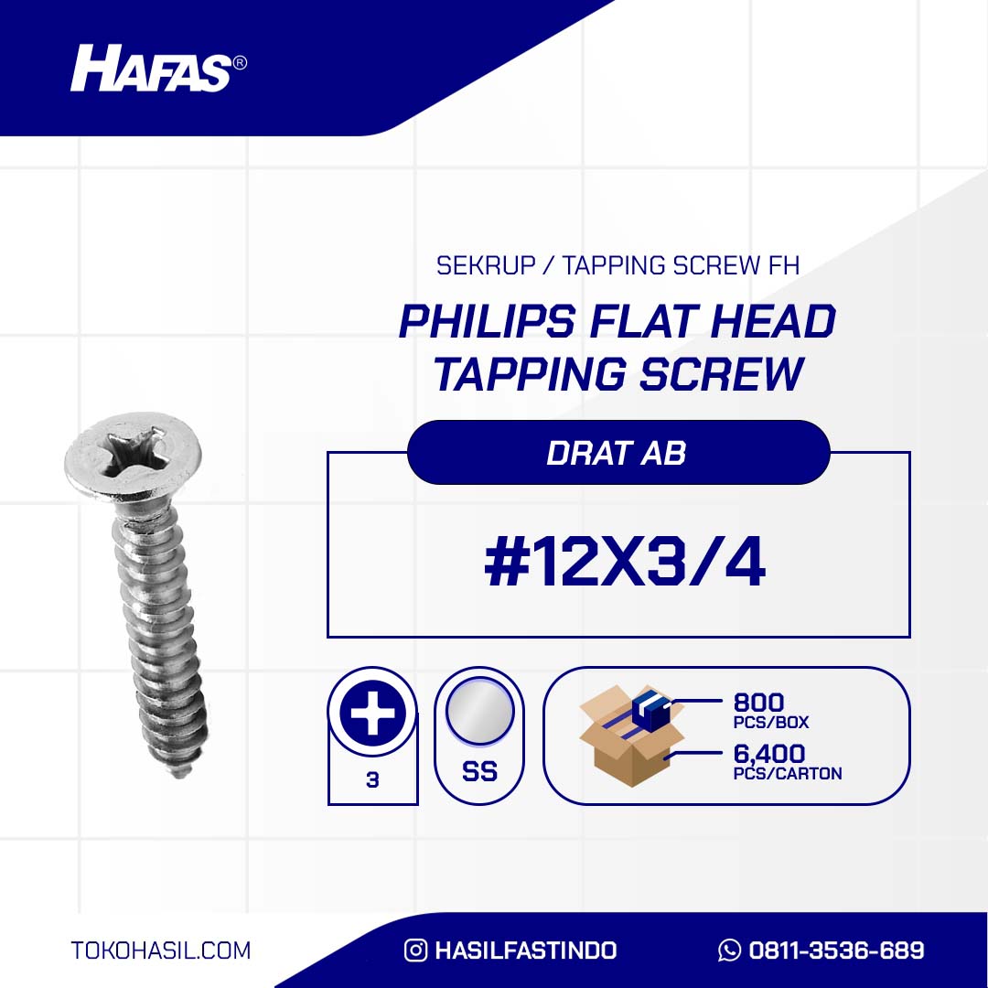 Tapping Screw FH+ Stainless Steel SUS 304 M5.5 X 20 (#12X3/4) - Hafas