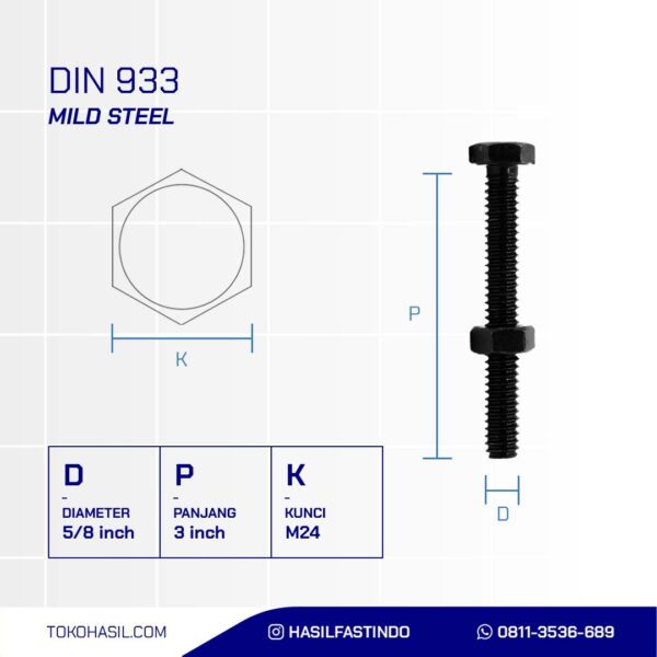 BAUT MUR UNC 4.6 FULL DRAT DIN 933 HITAM BAKAR 5/8 X 3 11TPI - Hafas