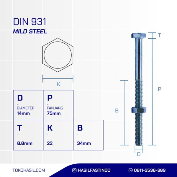 BOLT NUT MM 4.6 HALF THREAD DIN 931 UCP WHITE M14 X 75 P2.00 - Hafas