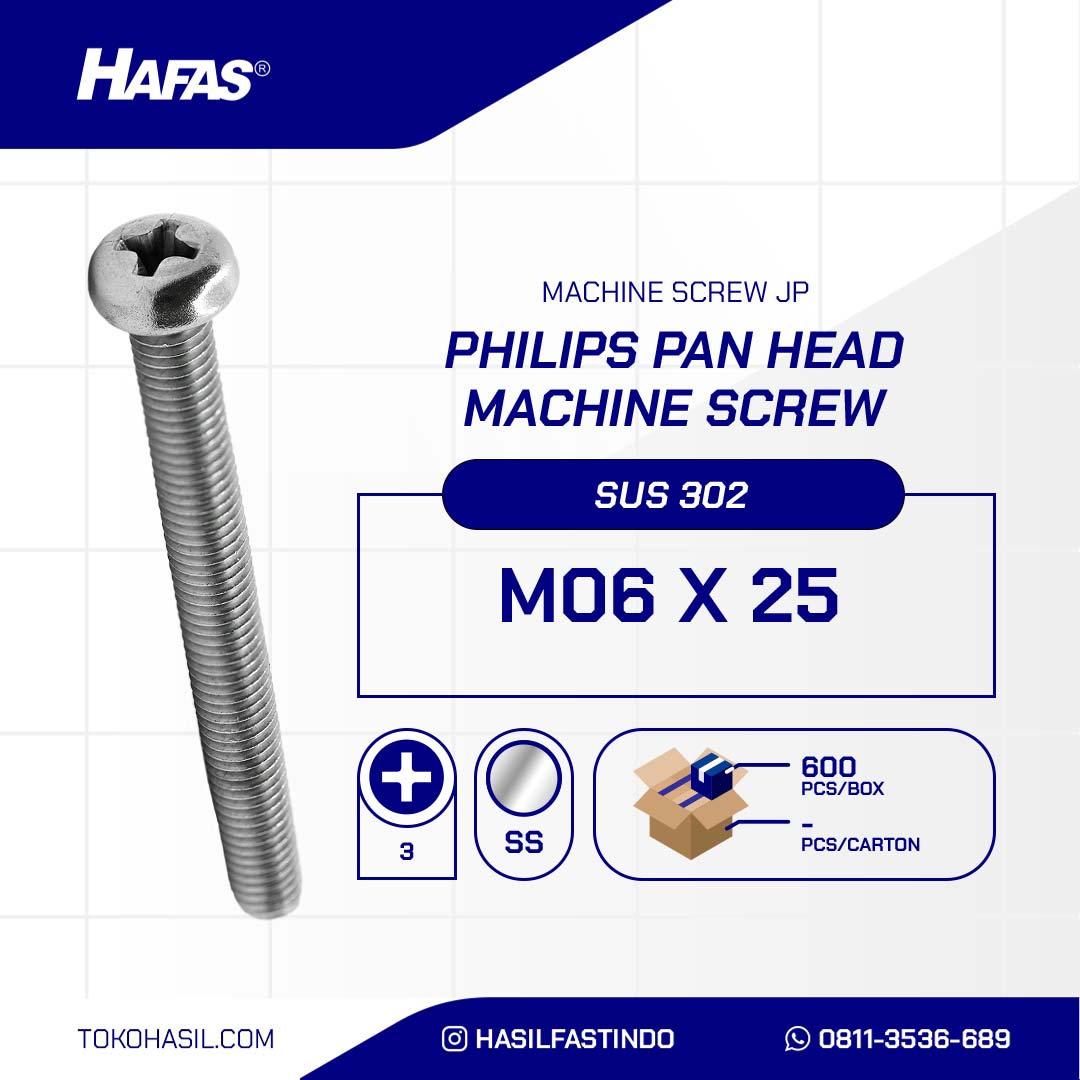 MACHINE SCREW JP + STAINLESS STEEL SUS 304 M 06 X 25 P1.00 - Hafas