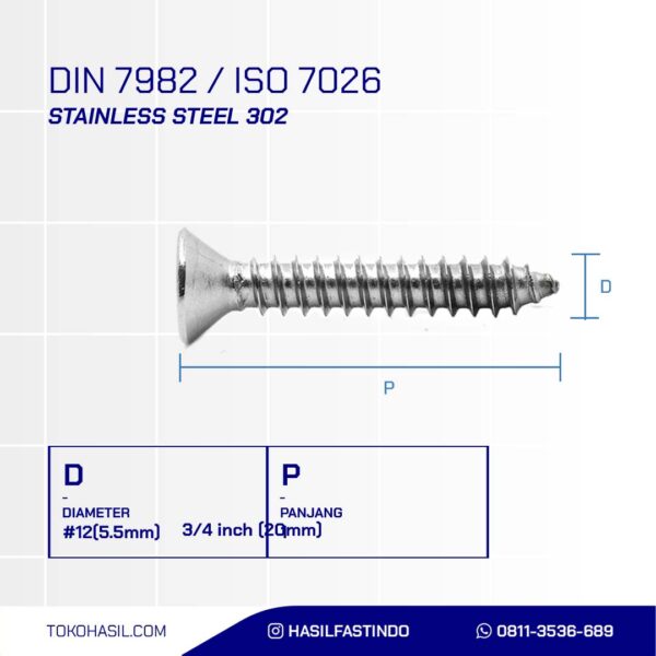 Tapping Screw FH+ Stainless Steel SUS 304 M5.5 X 20 (#12X3/4) - Hafas