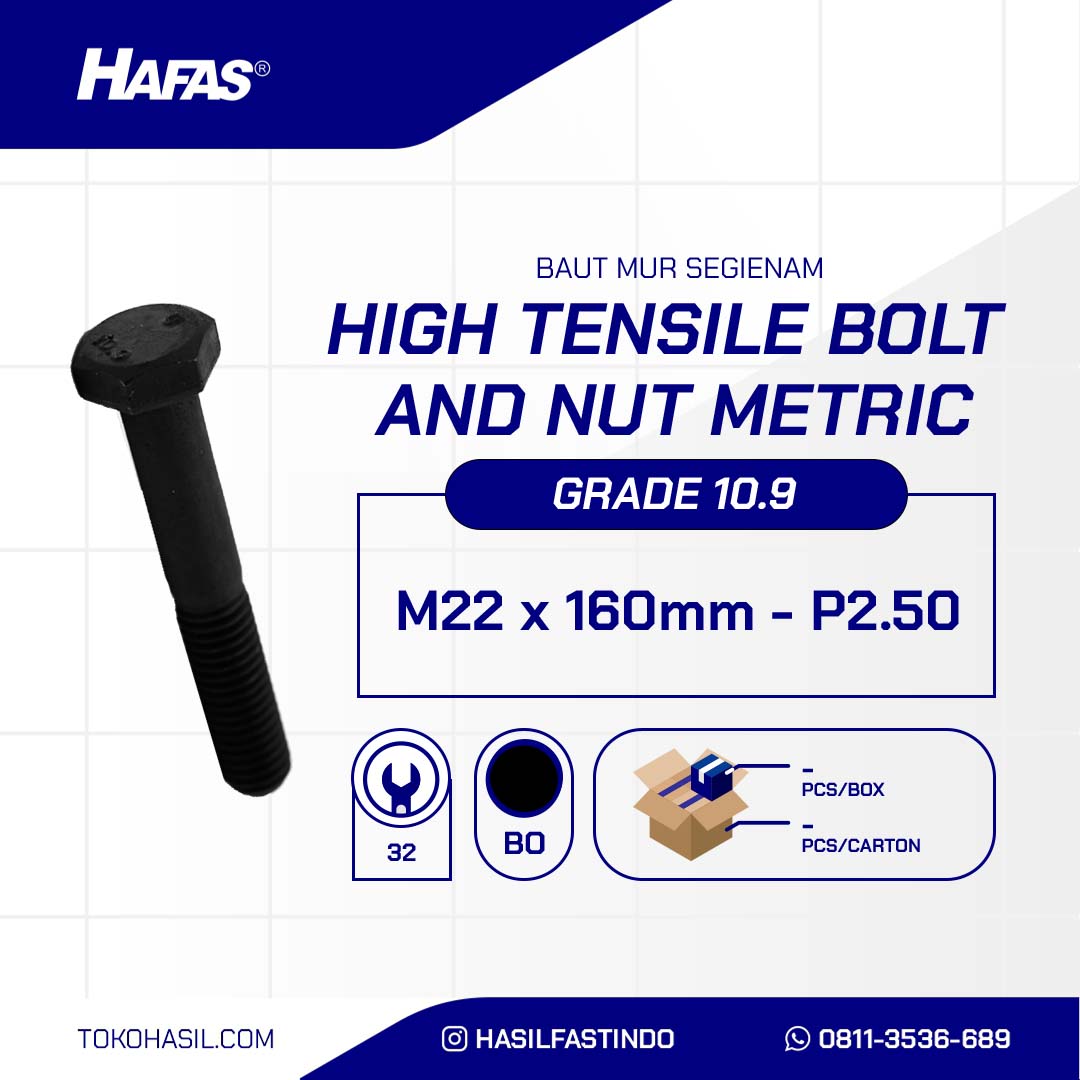 STEEL BOLT MM 10.9 HALF THREAD DIN 931 BLACK HEAT M22 X 160MM P2.50 - Hafas