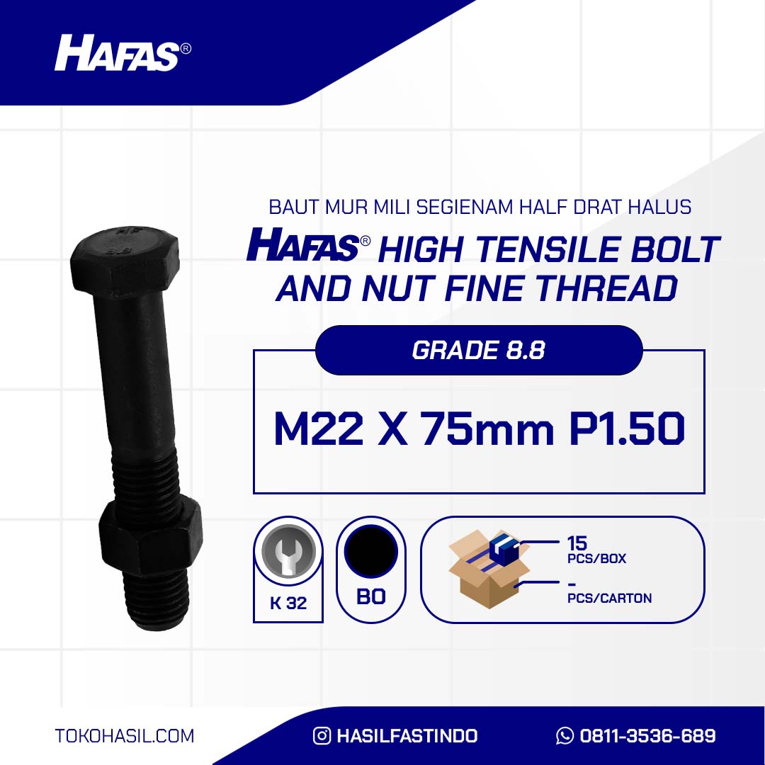 STEEL BOLT NUT MM 8.8 HALF FINE THREAD DIN 960 BLACK HEAT M22 X 75MM P1 ...