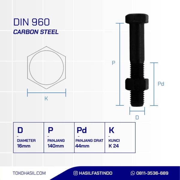 STEEL BOLT NUT MM 8.8 HALF FINE THREAD DIN 960 BLACK M16 X 140MM P1.50 ...