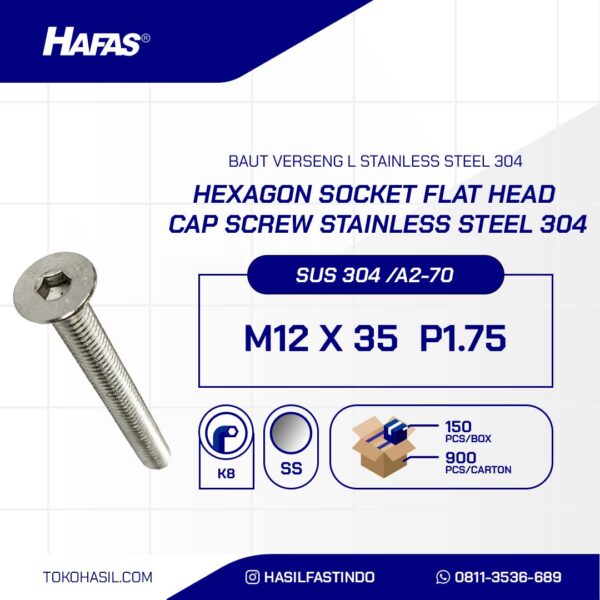 STAINLESS STEEL BOLT L SUS 304 MM FULL THREAD M12 X 35mm P1.75 - Hafas